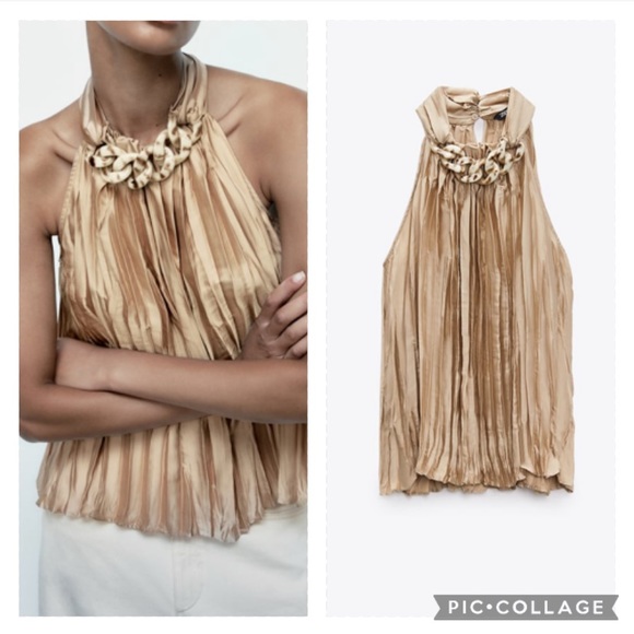 Zara | Tops | Nwt Zara Halter Pleated Top With Chain Neck Detail ...